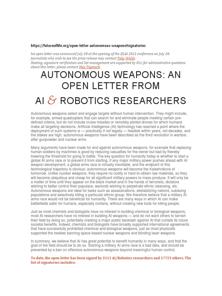 Letter Against Autonomous Weapons 2015 | PDF | Association For ...
