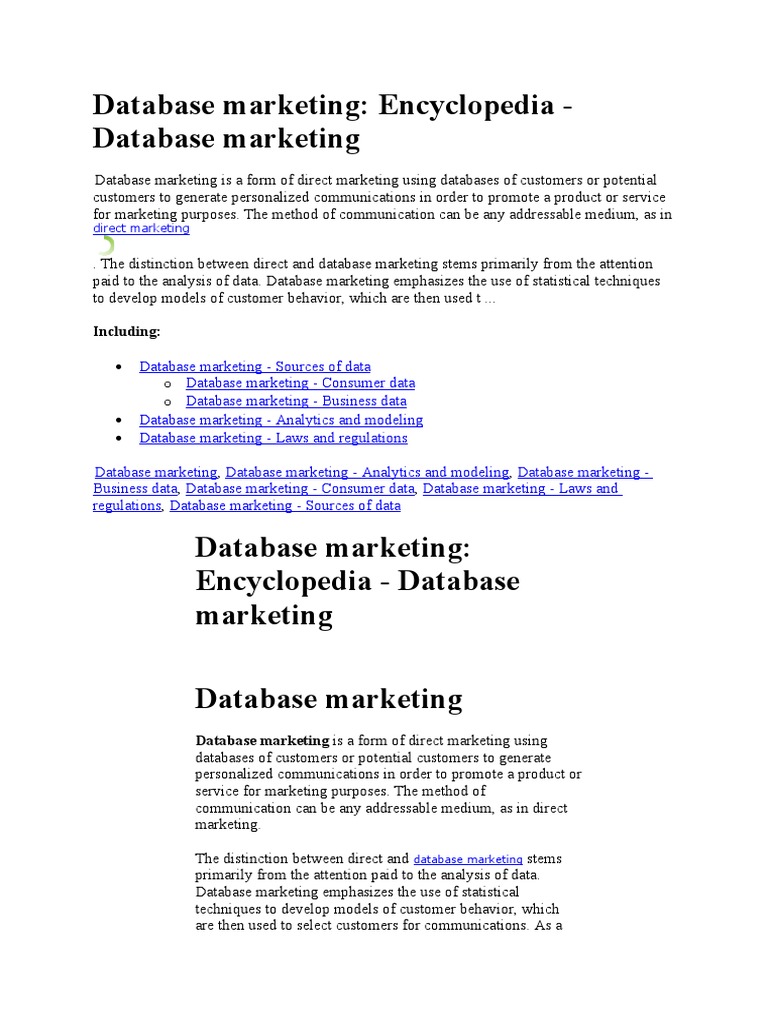 Database Marketing: Encyclopedia - Database Marketing: Including | PDF ...