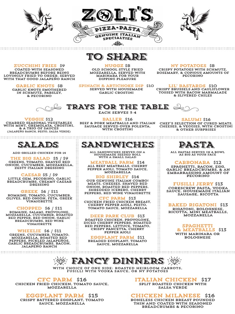 Zoli's Menu For New Addison Restaurant | PDF | Salad | Ale