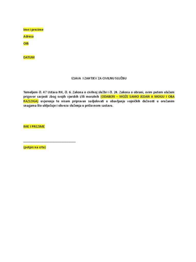 Izjava Za Prigovor Savjesti | PDF