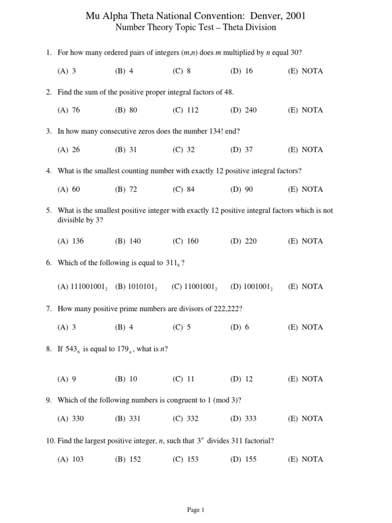 Theta Number Theory Test (1) | Integer | Prime Number