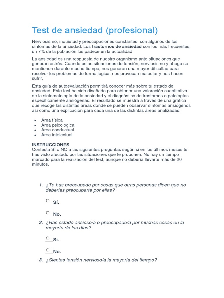 Cuestionario de Ansiedad | PDF | Ansiedad | Medicina CLINICA