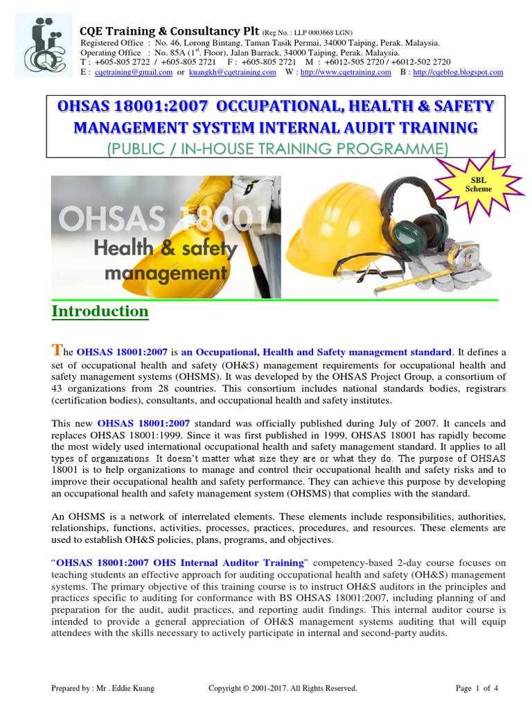 Ohsas 18001:2007 Occupational, Health & Safety Management System Internal Audit Training | Audit ...
