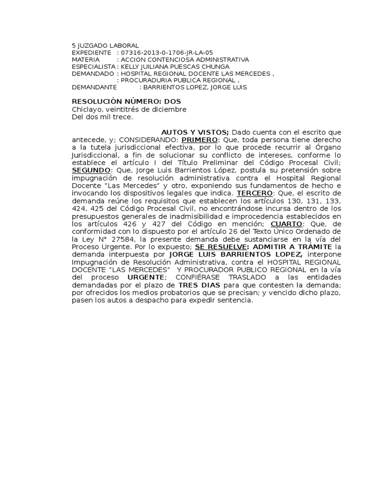 Auto Admisorio Via Proceso Urgente | PDF | Demanda judicial | Ley procesal