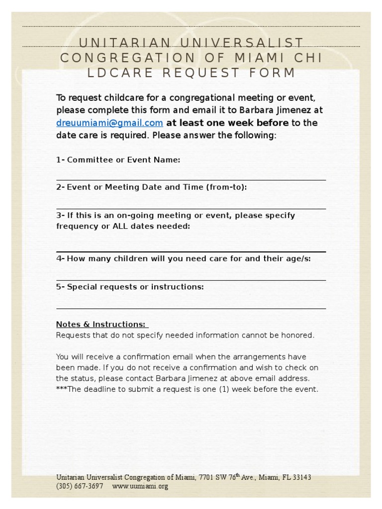 Childcare Request Form for Events | PDF