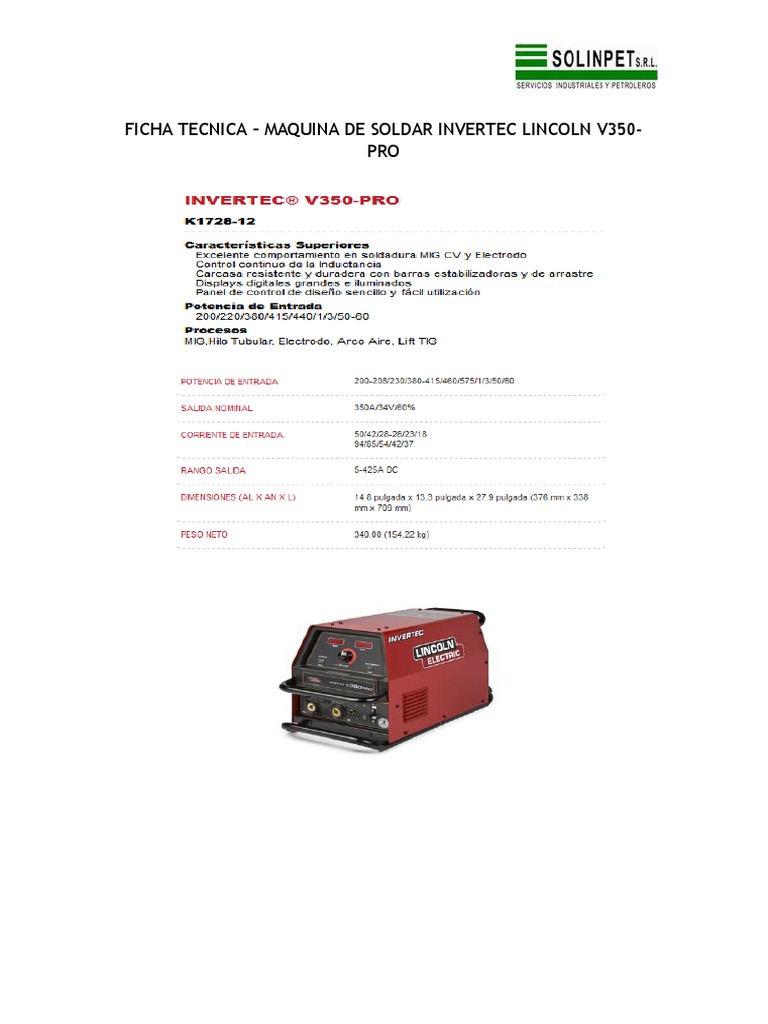 Ficha Tecnica Maquina de Soldar Lincoln v350 Pro | PDF