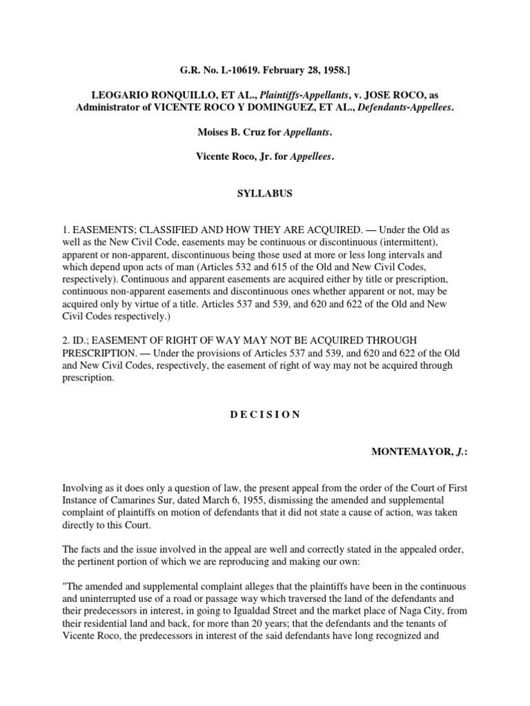 Ronquillo Vs Roco GR 10619, 2-28-58 | PDF | Easement | Statute Of ...