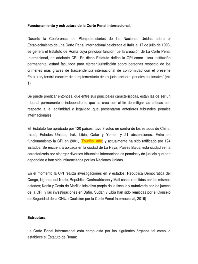 Funcionamiento y Estructura de La Corte Penal Internacional | PDF ...