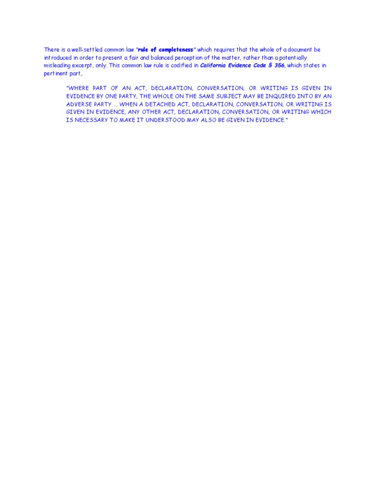 Rule of Completeness-CA Evid Code 356 | PDF | Law