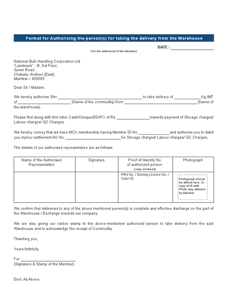 Format For Authorising The Person(s) For Taking The Delivery From The ...
