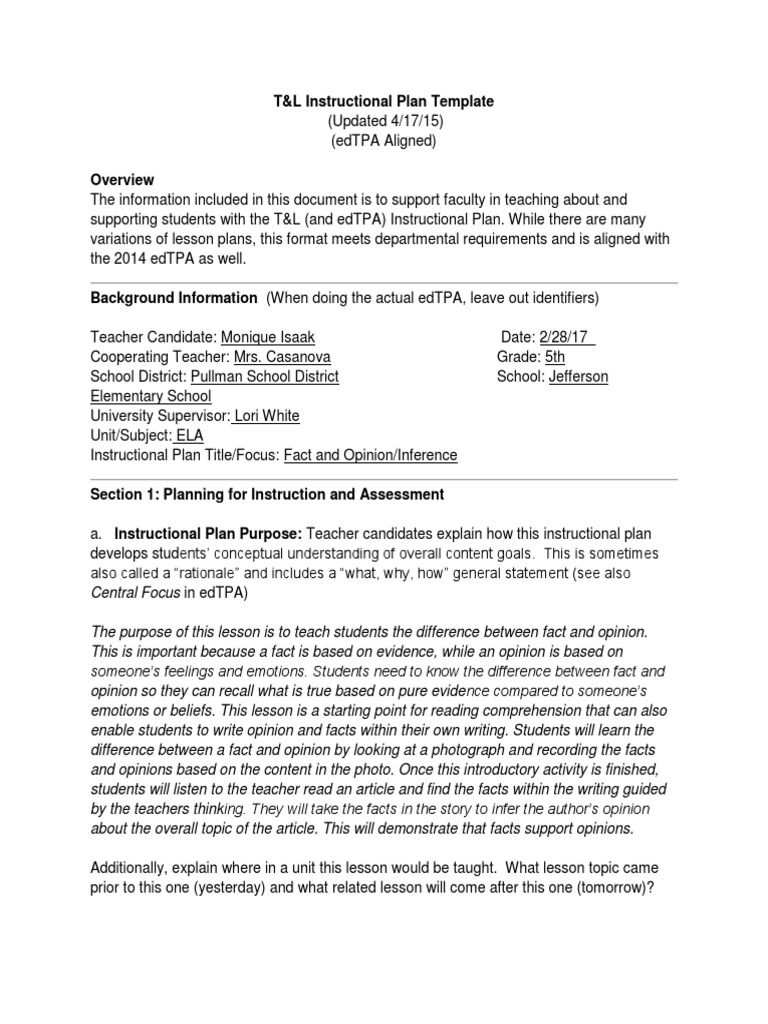 T&L Instructional Plan Template | PDF | Educational Assessment ...
