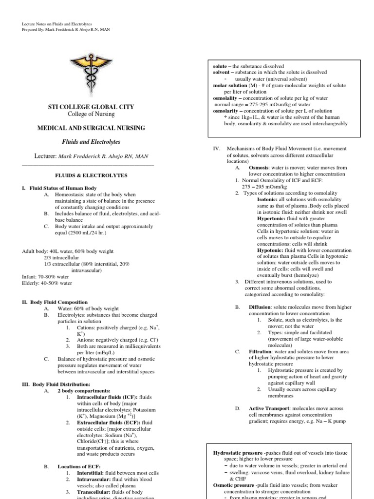 Fluids and Electrolytes Handouts | PDF | Electrolyte | Animal Anatomy