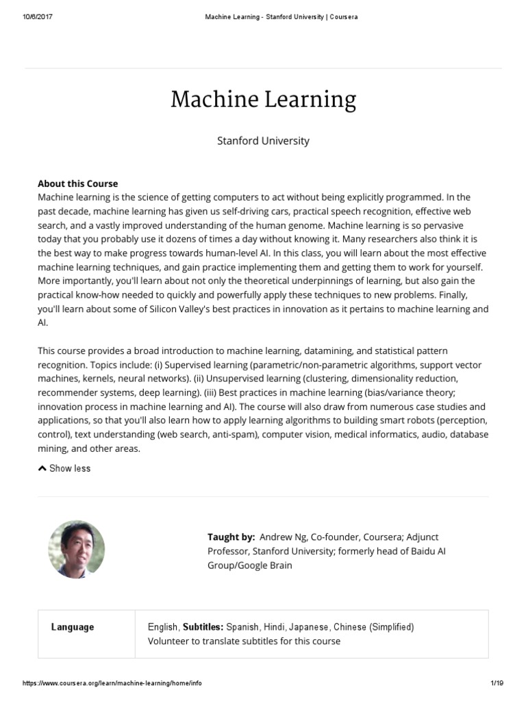 Machine Learning - Stanford University - Coursera | PDF | Artificial ...