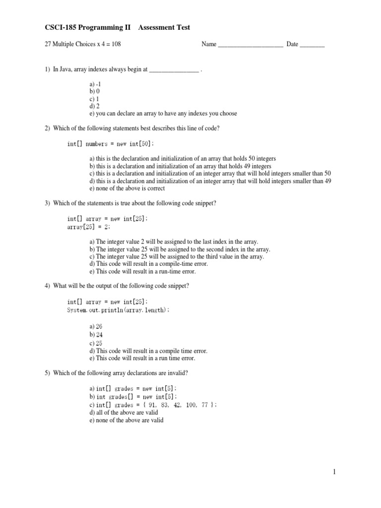 Csci 185 Programming Ii Assessment Test Pdf Method Computer Programming Array Data