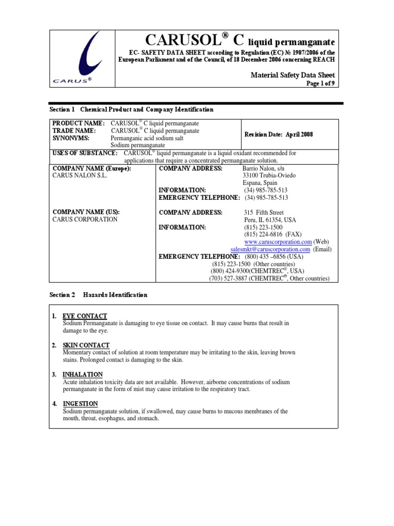 Potassium Permanganate CARUSOL CarusCo | PDF | Dangerous Goods | Manganese