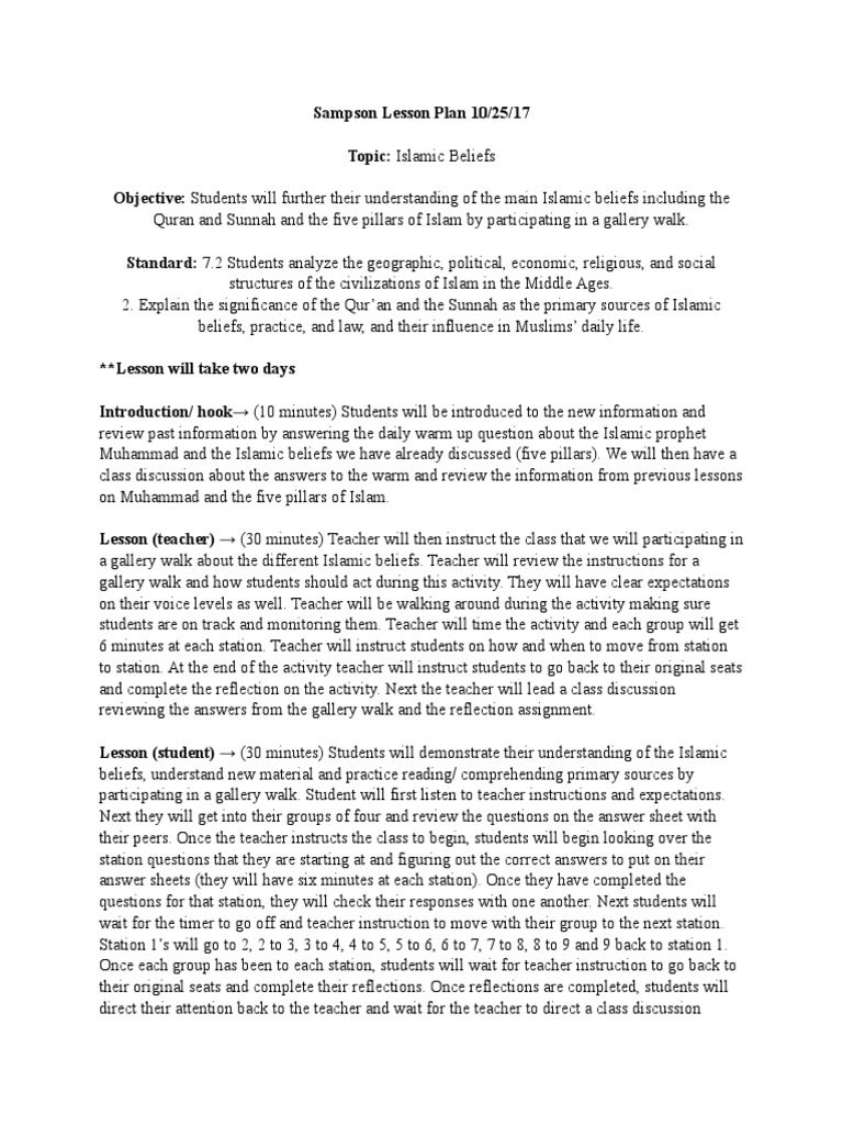 Semester One Lesson Plan Islam Beliefs Gallery Walk | PDF | Quran | Islam