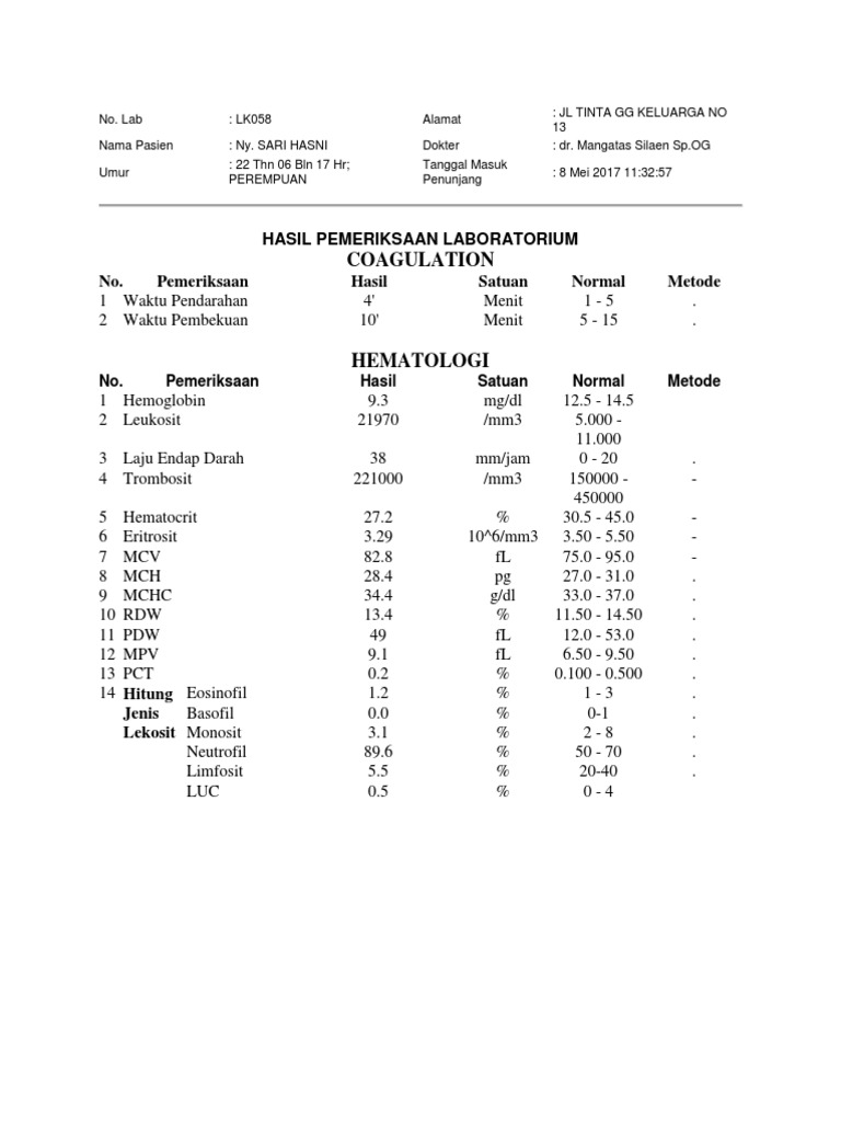Coagulation: Hasil Pemeriksaan Laboratorium No. Pemeriksaan Hasil ...