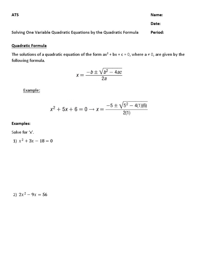 Solving One Variable Quadratic Equations by The Quadratic Formula ...