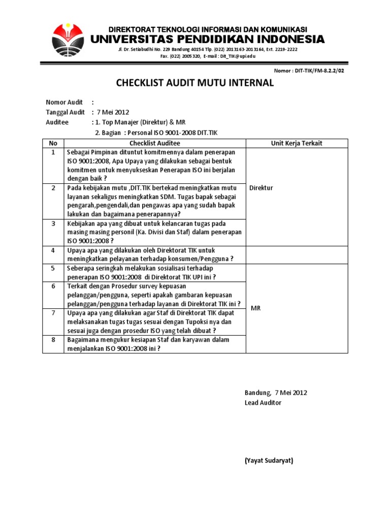 Checklist Audit Mutu Internal | PDF | Bisnis | Teknologi & Rekayasa