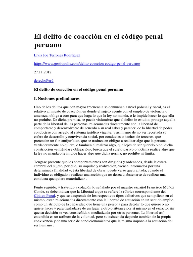 El Delito de Coacción en El Código Penal Peruano | Delito | Derecho penal