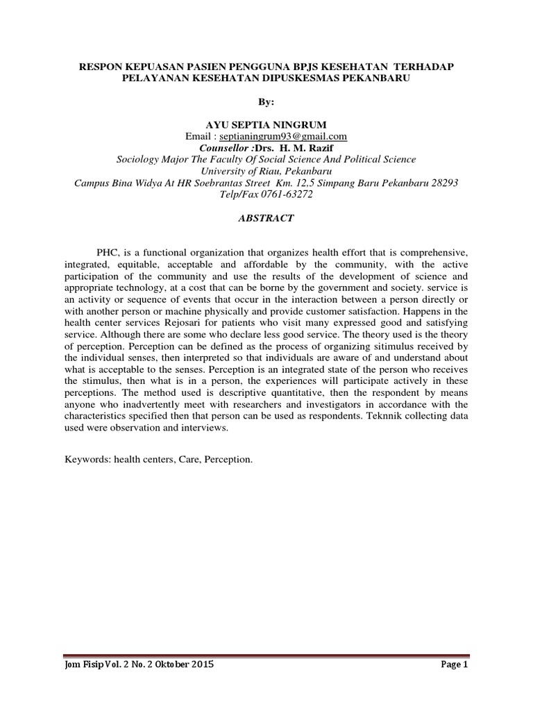 ID Respon Kepuasan Pasien Pengguna Bpjs Kesehatan Terhadap Pelayanan Kesehatan Dipu PDF | PDF