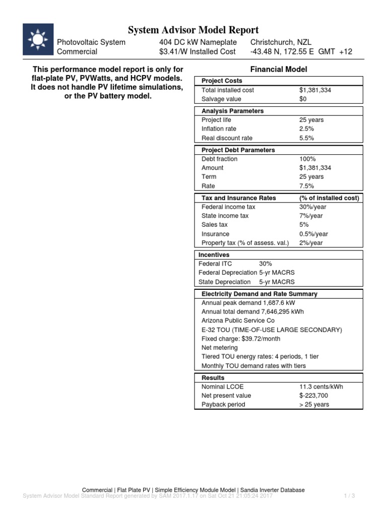 SAM Report | PDF | Photovoltaic System | Photovoltaics