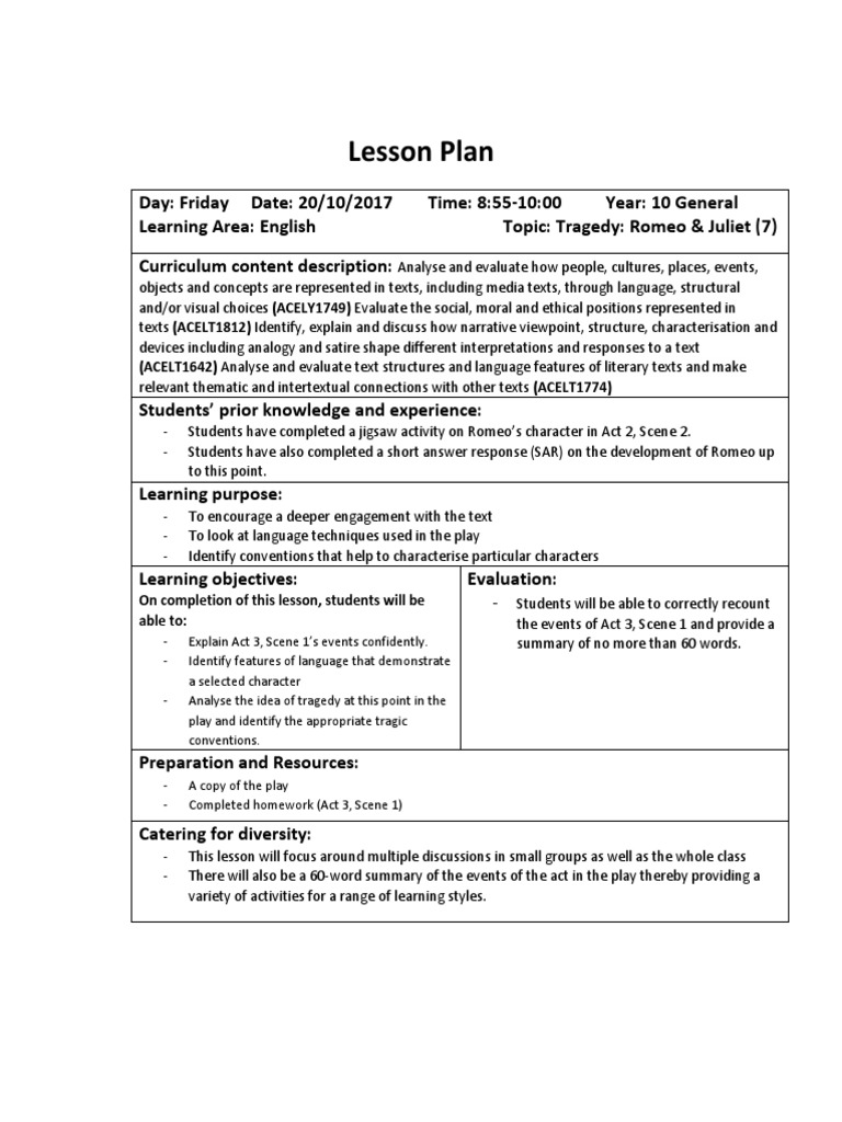 romeo and juliet lesson plan 7 pdf | Lesson Plan | Learning