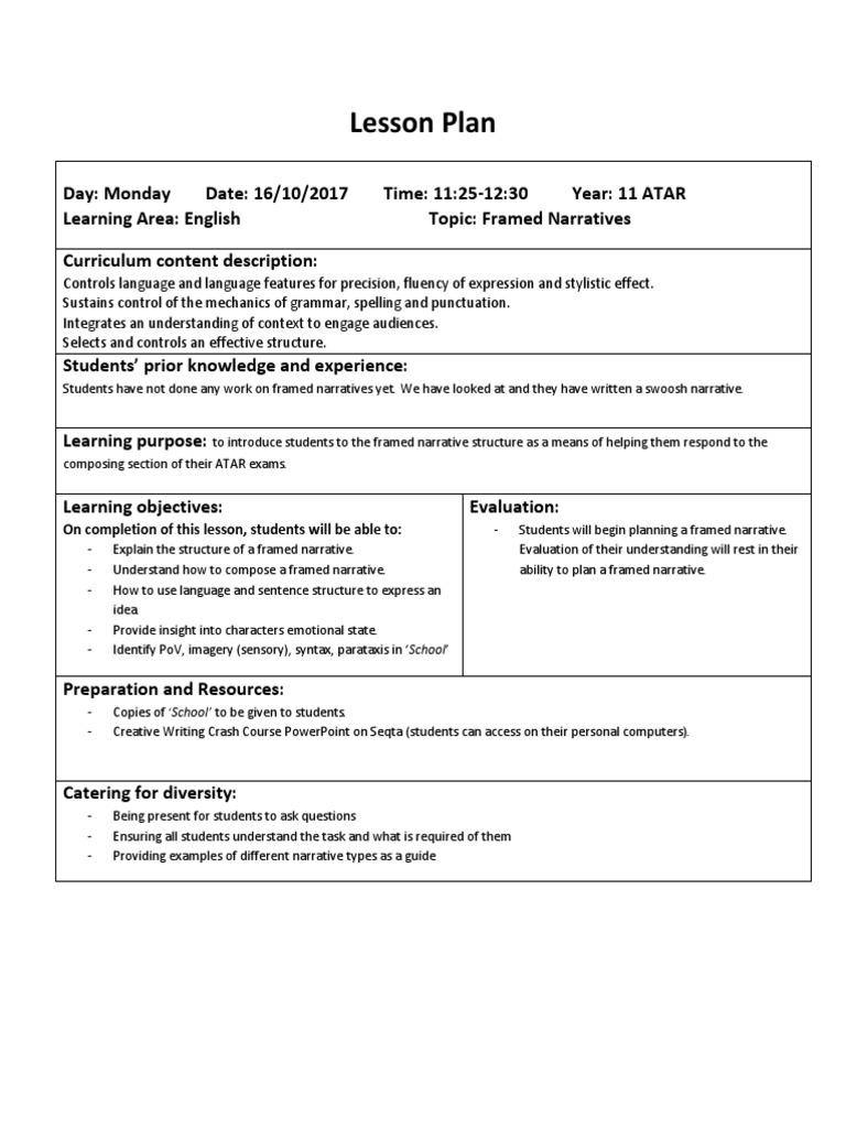 Year 11 Framed Narratives Lesson Plan | PDF | Narrative | Lesson Plan