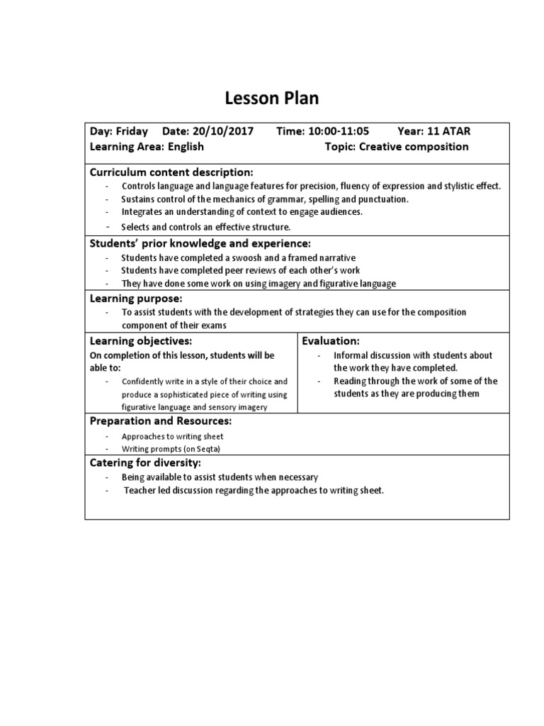 Creative Composition Lesson Plan PDF | PDF | Lesson Plan | Teaching