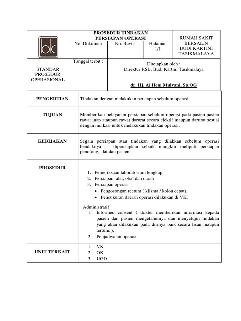 Persiapan Operasi di Rumah Sakit Budi Kartini | PDF