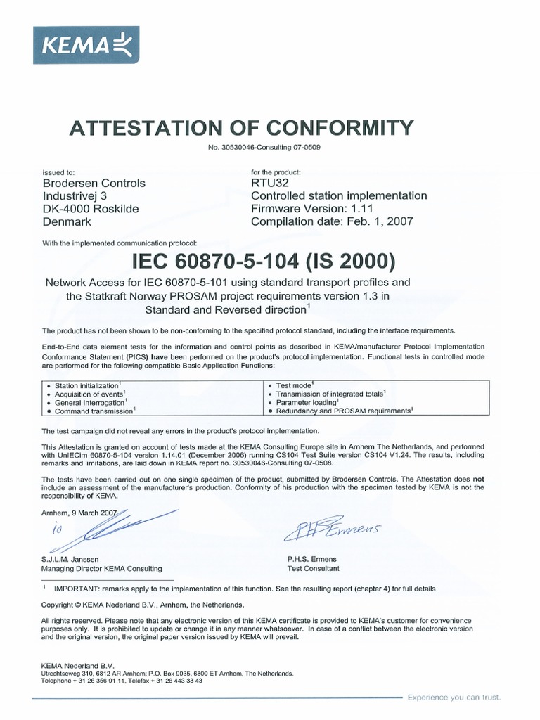 KEMA Certificate IEC870!5!104 | PDF