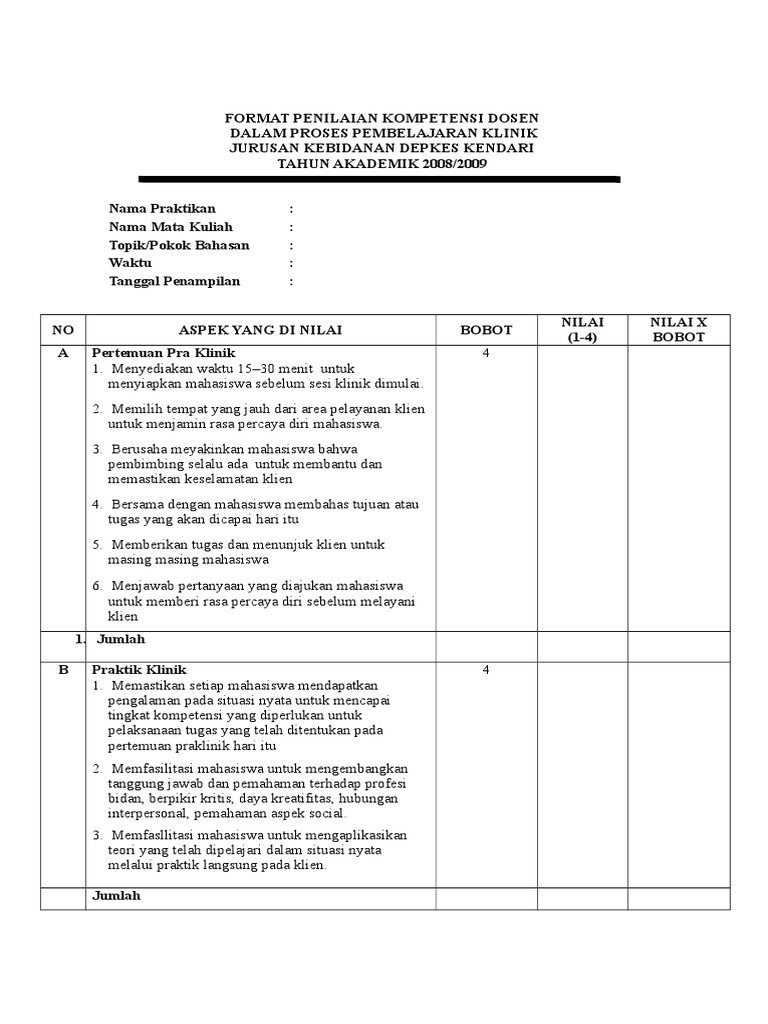 Format Penilaian Proses Pembelajaran Klinik 2009 | PDF | Bisnis