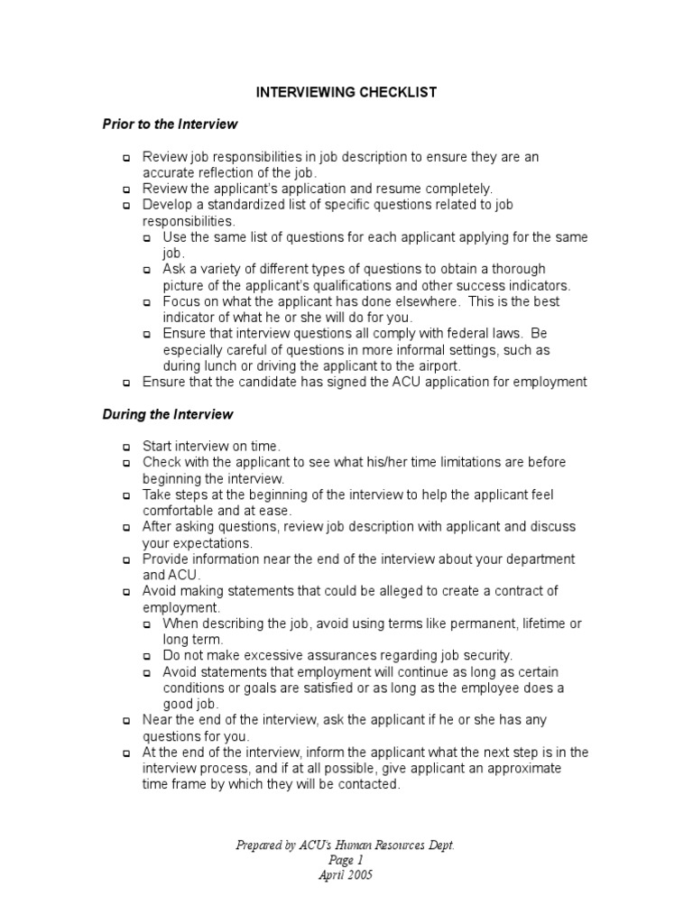 Prior To The Interview: Interviewing Checklist | PDF | Employment ...