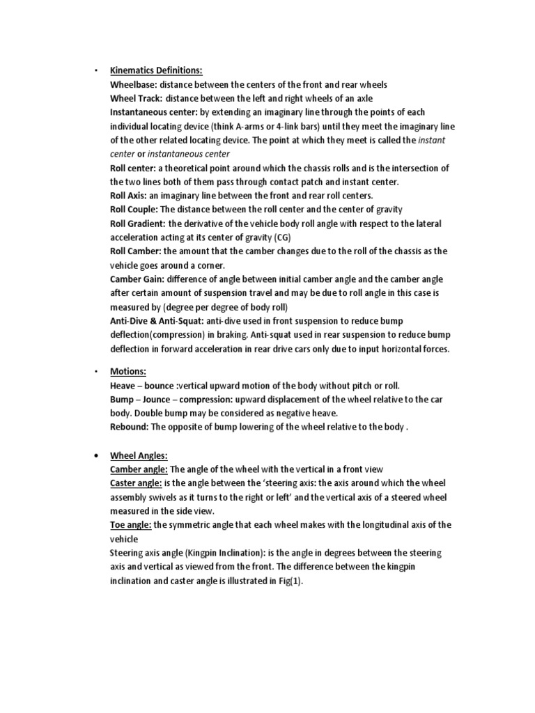 Kinematics Terms for Vehicle Dynamics | PDF | Suspension (Vehicle ...