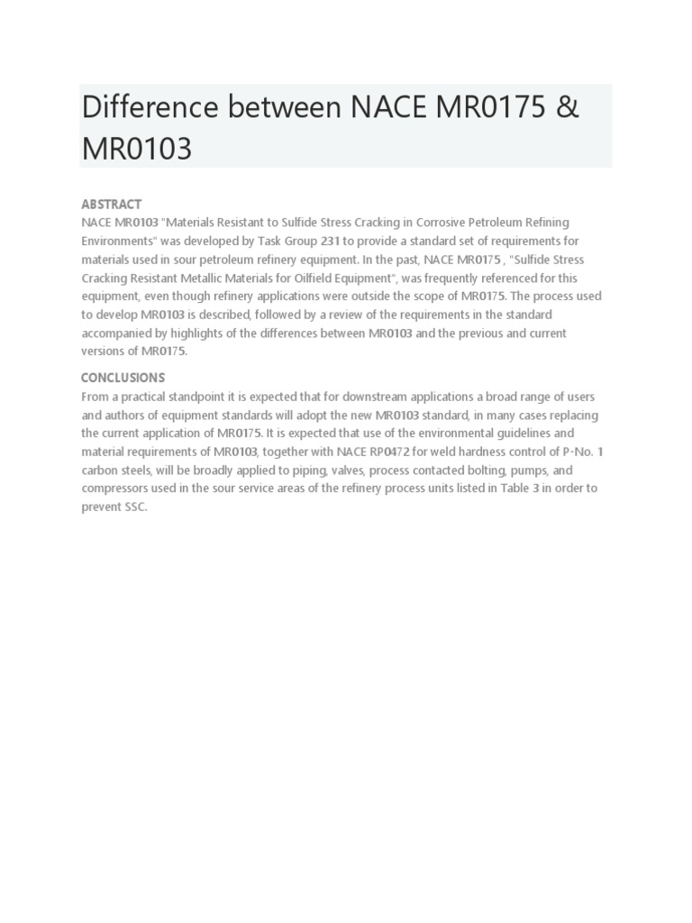 Difference Between NACE MR0175 mr0103
