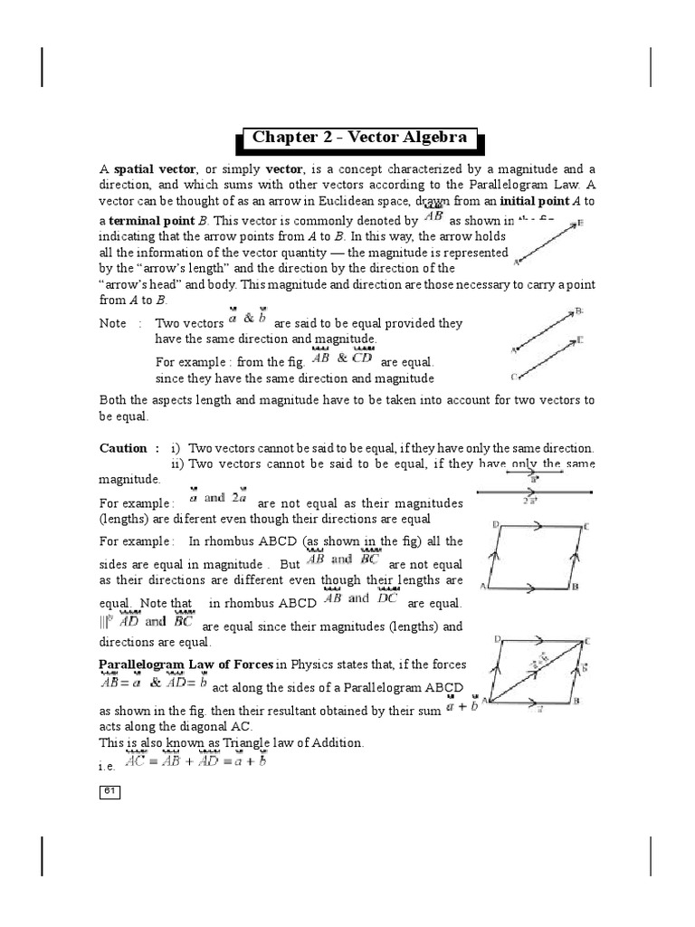 Chapter 2 - Vector Algebra: Caution: I) Two Vectors Cannot Be Said To Be Equal, If They Have ...