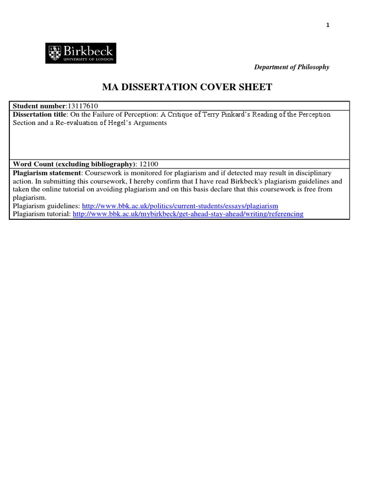 Ma Dissertation Cover Sheet: Department of Philosophy | PDF | Object ...