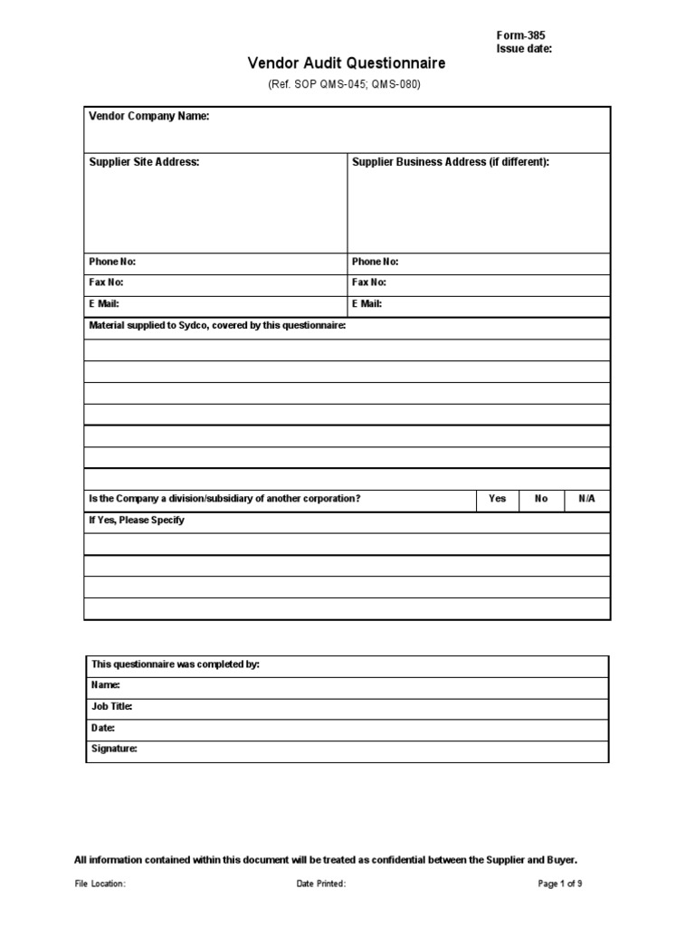 Supplier Audit Questionnaire Example PDF | Quality Assurance ...
