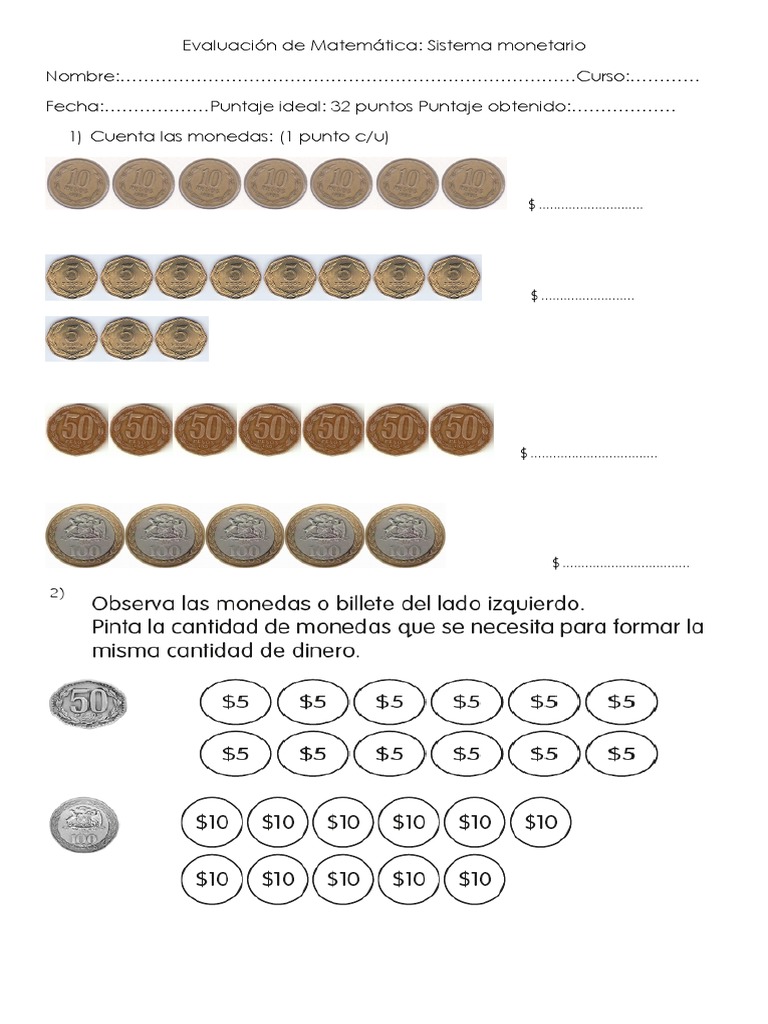 Evaluación de Matemática Sistema Monetario | PDF | Dólar de los Estados ...