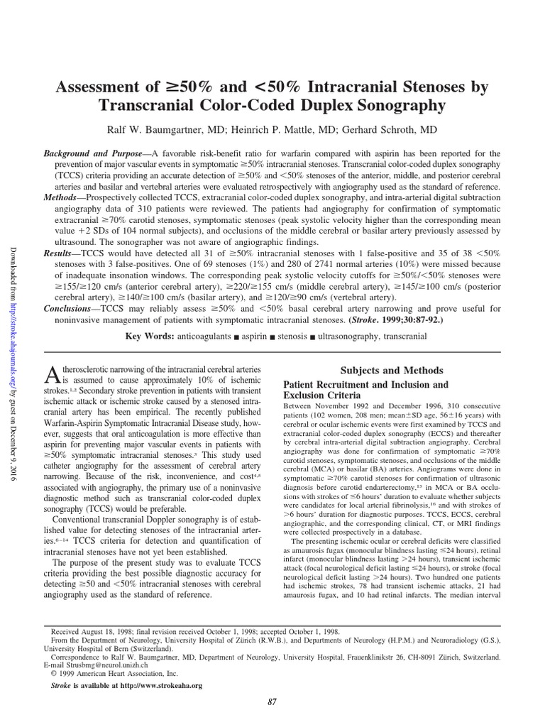 Assessment of 50% and Transcranial Color-Coded Duplex Sonography | PDF ...