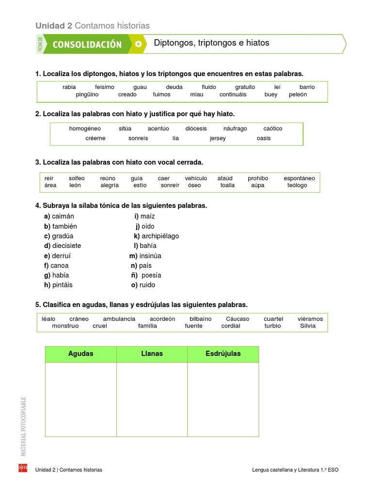 1 Eso Tema 2 Ficha 2 Diptongos Triptongos Hiatos | Comunicación oral ...