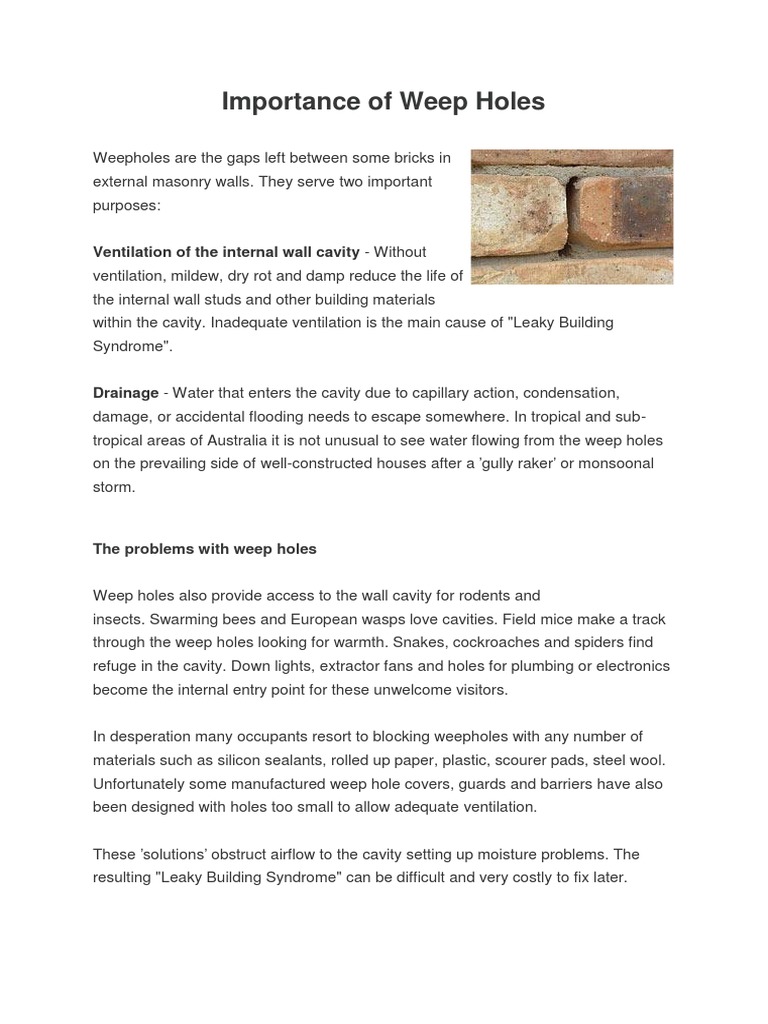 Weep Holes | PDF | Ventilation (Architecture) | Masonry