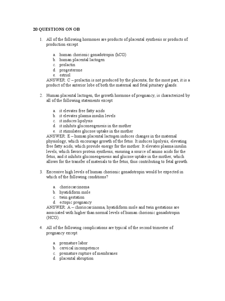20 Questions On Ob | PDF | Pregnancy | Fetus