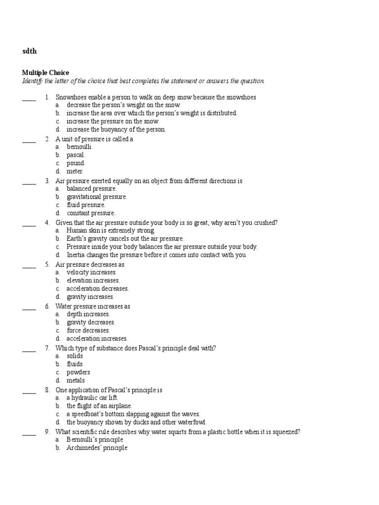 Forces in Fluids Sample Test | PDF | Buoyancy | Pressure