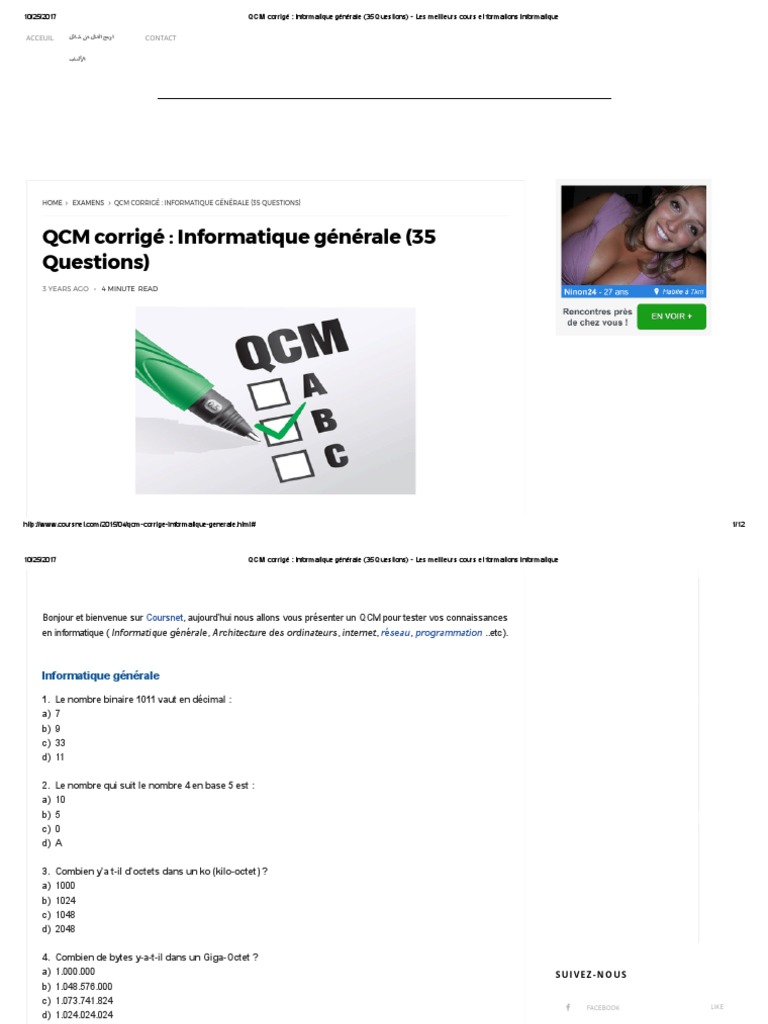 QCM Corrigé _ Informatique Générale (35 Questions) - Les Meilleurs ...