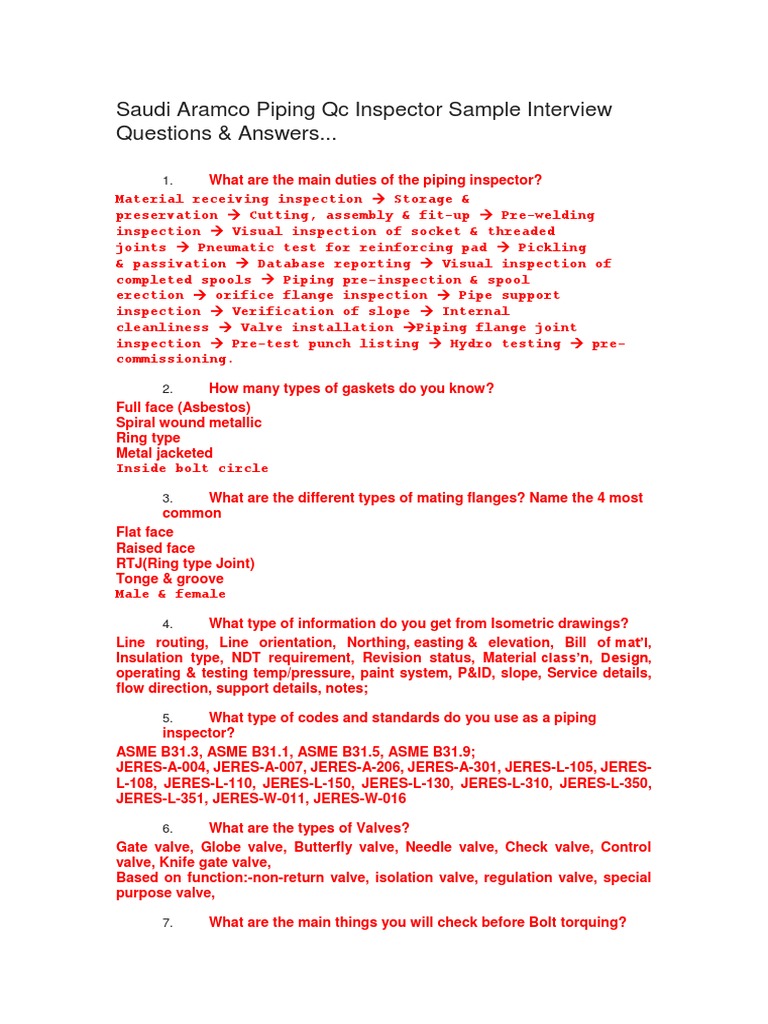 Saudi Aramco Piping QC Inspector Sample Interview Questions | Download ...