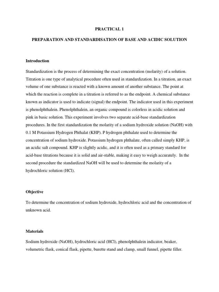 Preparation and Standardisation of Base and Acid Solution | PDF ...