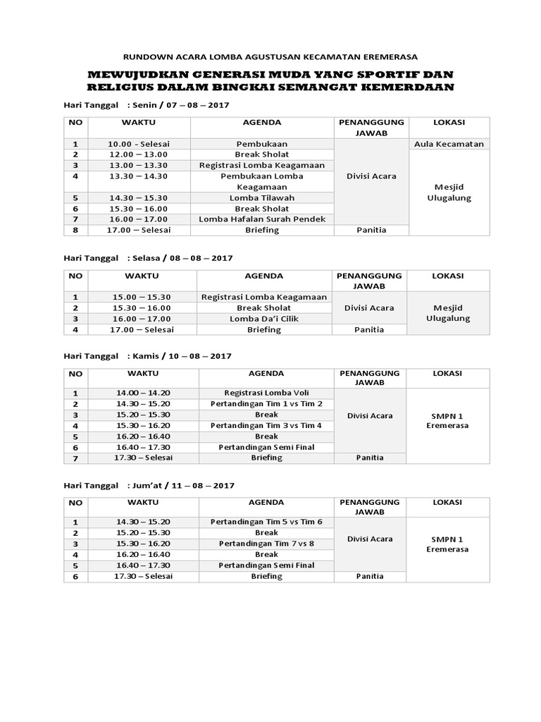 Contoh Rundown Acara Lomba Agustusan Kacamatan Eremerasa (KKN) | PDF