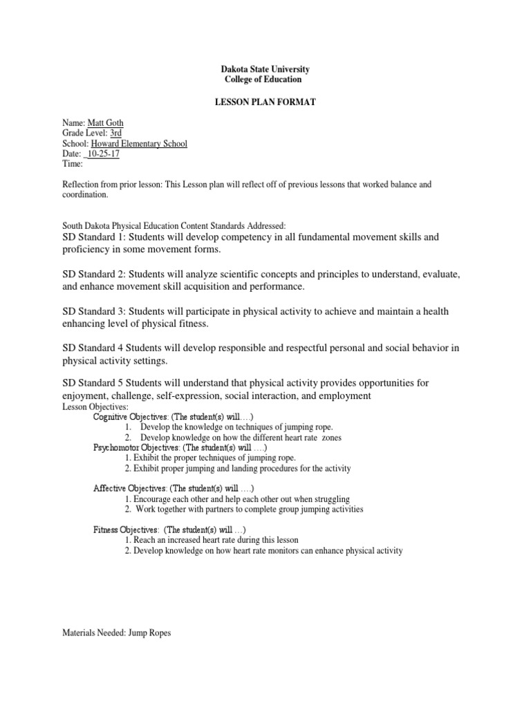 Jumping Rope Lesson Plan | PDF | Lesson Plan | Physical Education