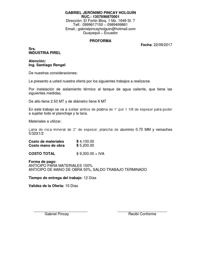 Proforma de Trabajo | Aisladores | Materiales